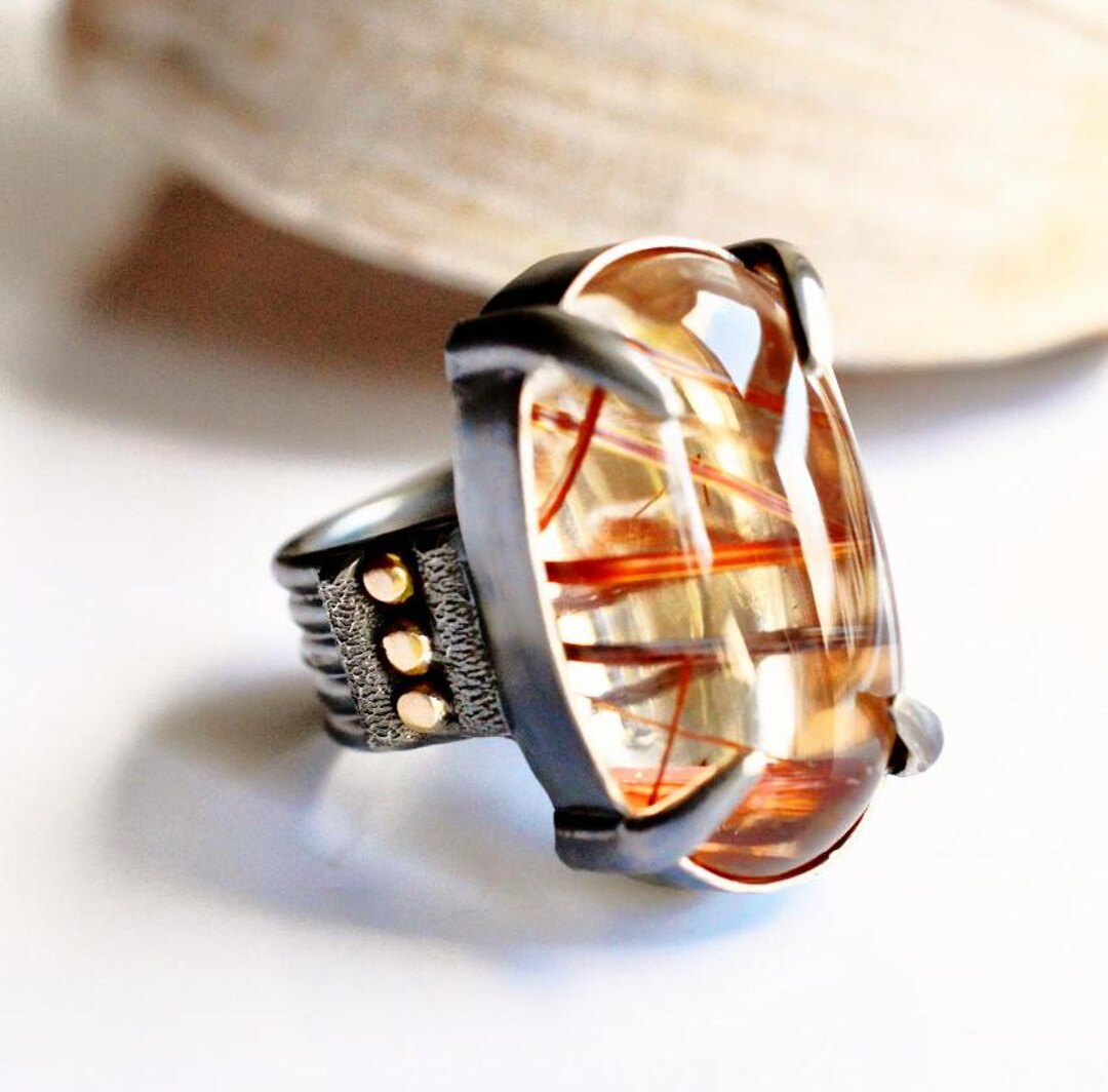 Copper Rutilated Quartz Ring, Oxidized Silver Ring, Statement Ring ...