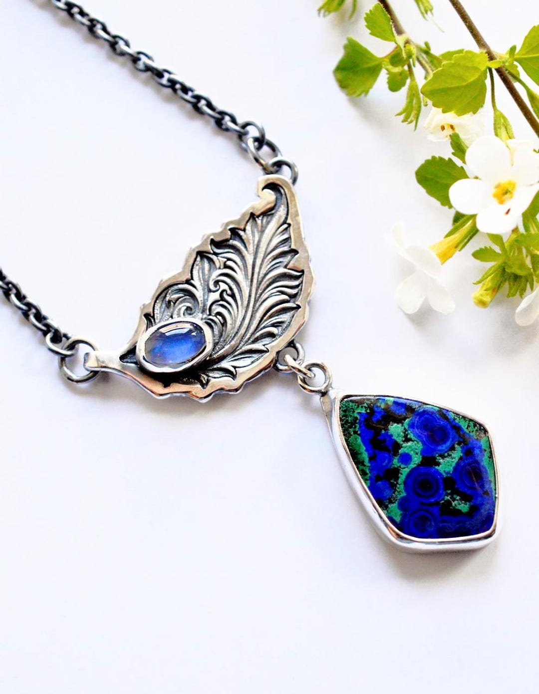 Azurite Necklace, Silver Feather Jewelry, One of a Kind, Engraved ...