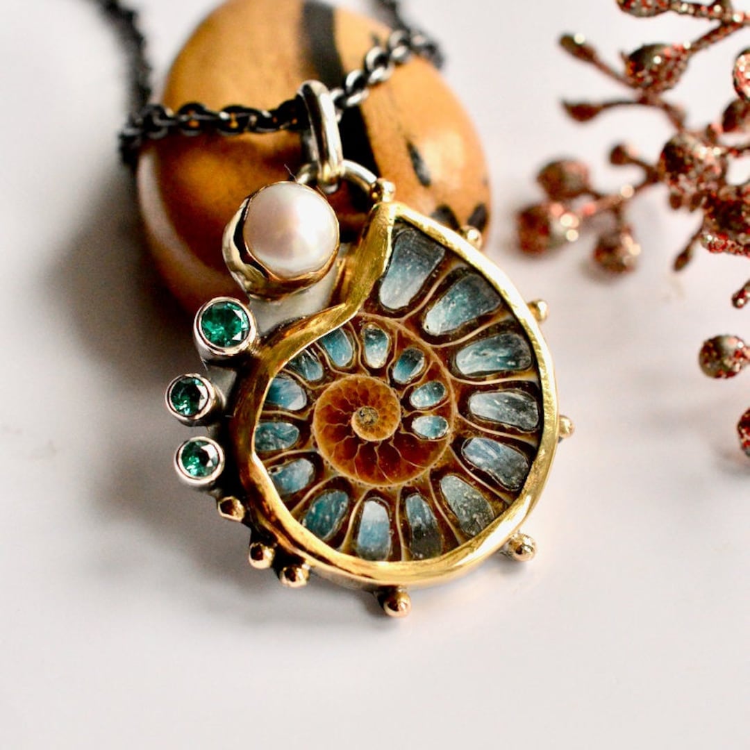 Ammonite Pendant in Solid 24K Gold Bezel, Blue Ice Glacierite Inlay ...