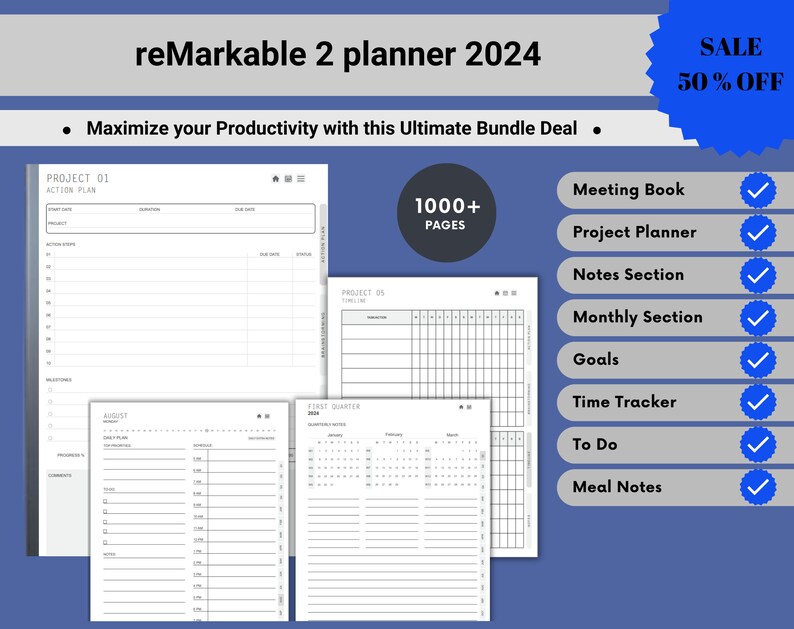 Productivity Planner Bundle Remarkable 2 Templates 2024 Hyperlinked ...