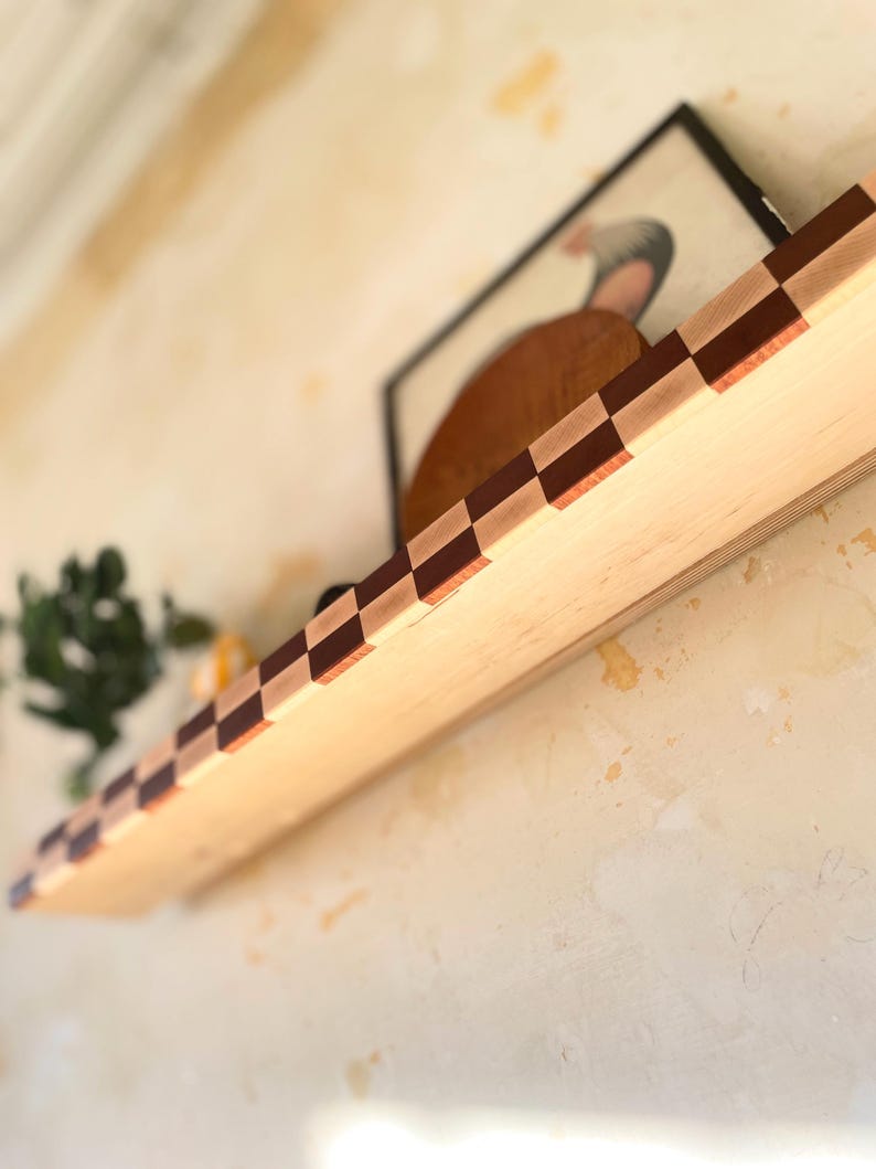 Checkerboard Maple & Sapele Marquetry Mid Century Wall Shelf | Maximal ...