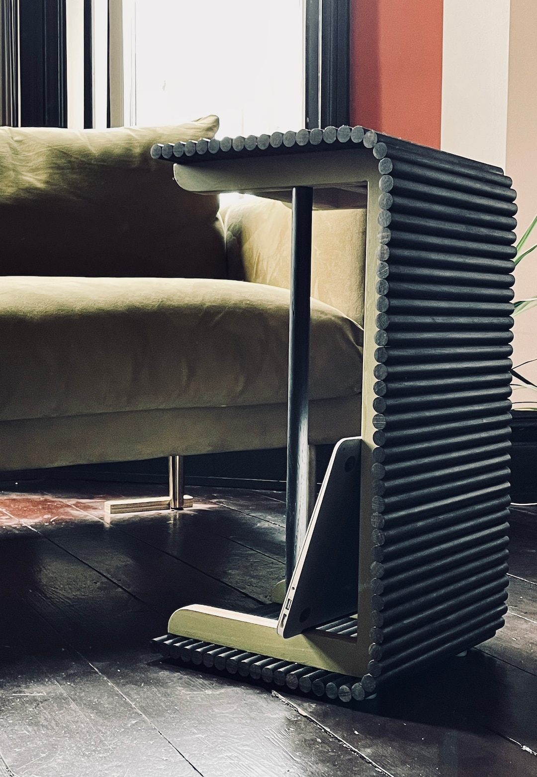 Reeded Black C Shape Sofa Table | Laptop Table in Solid Beech & Birch ...