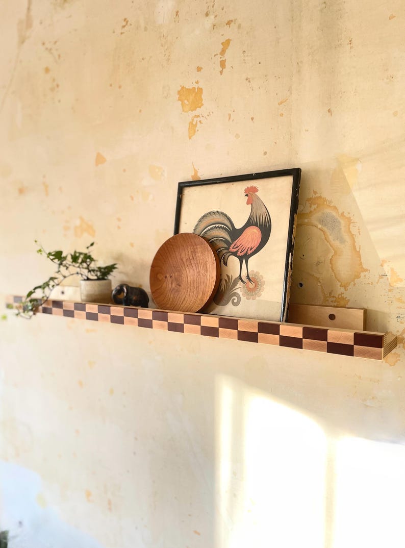 Checkerboard Maple & Sapele Marquetry Mid Century Wall Shelf | Maximal ...