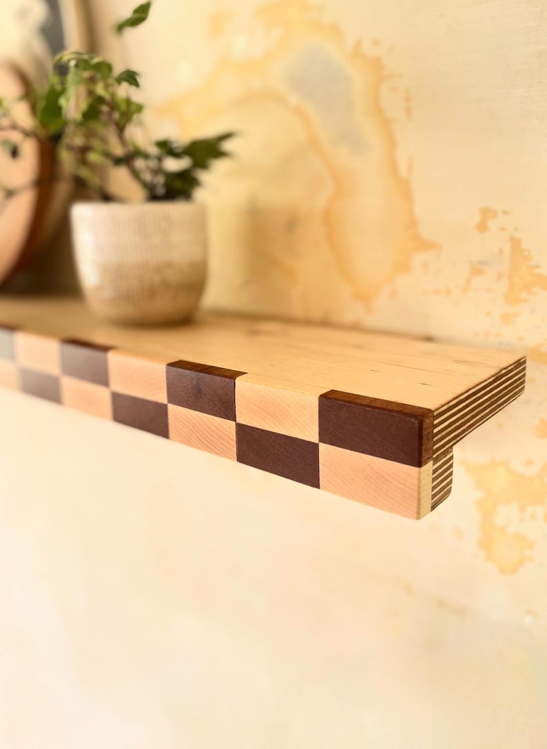 Checkerboard Maple & Sapele Marquetry Mid Century Wall Shelf | Maximal ...