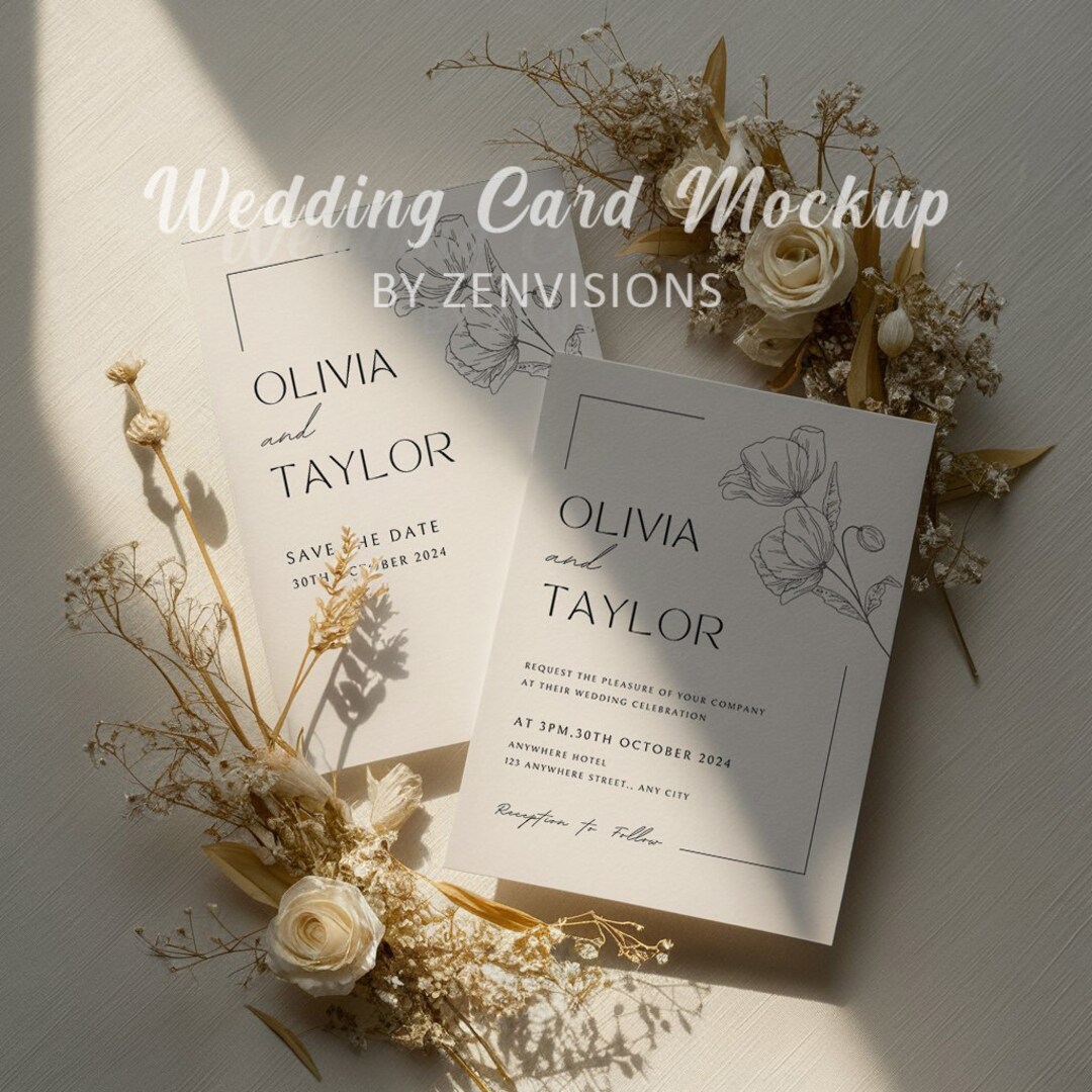 Neutral Double Boho Wedding Card Mockup | Modern 5x7 Wedding Invitation ...