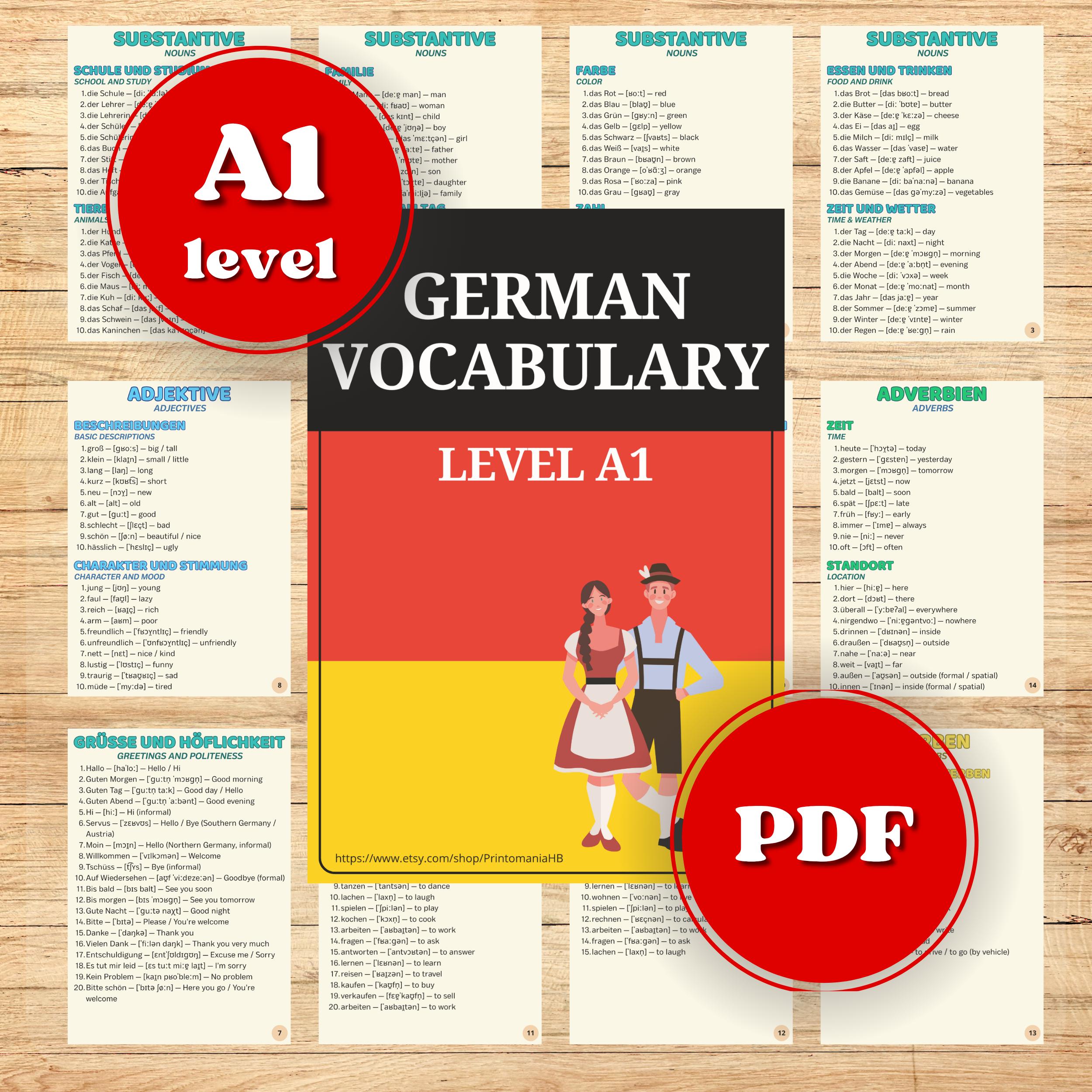 German A1 Vocabulary Study Guide: Printable PDF Bundle - Etsy
