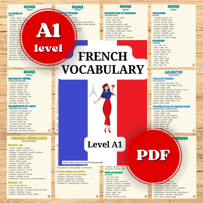 French A1 Vocabulary PDF Bundle: 265 Essential Beginner Words Printable ...
