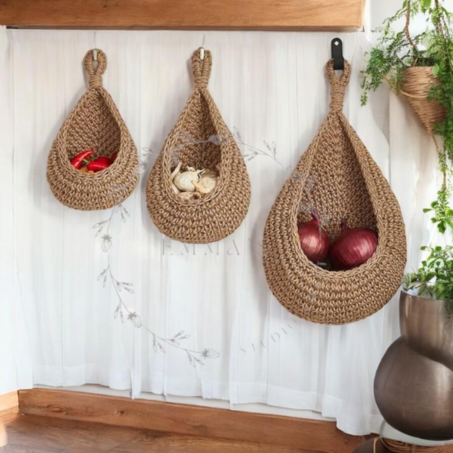 Jute Hanging Basket, Hanging Vegetable Fruit Basket, Kitchen Hanging ...