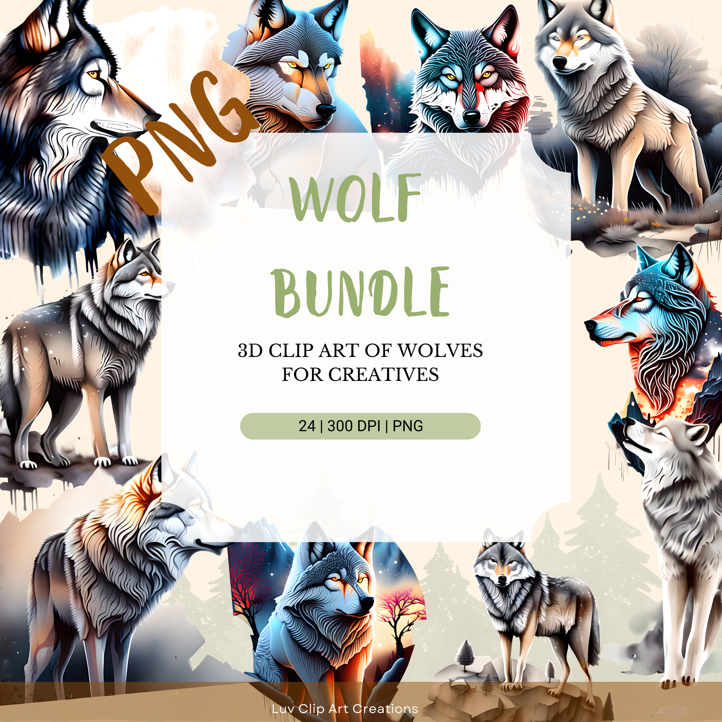 Wolf Clip Art, 3D Wolf PNG Bundle, Wolf Face,wolf PNG Files,wolf Head ...