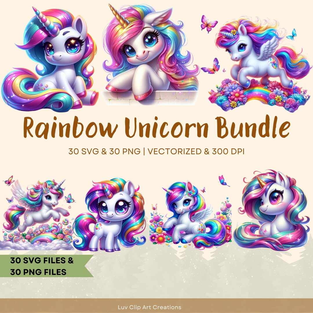 30 Rainbow Unicorn Clip Art Bundle SVG & PNG, Unicorn Tumbler Wrap ...