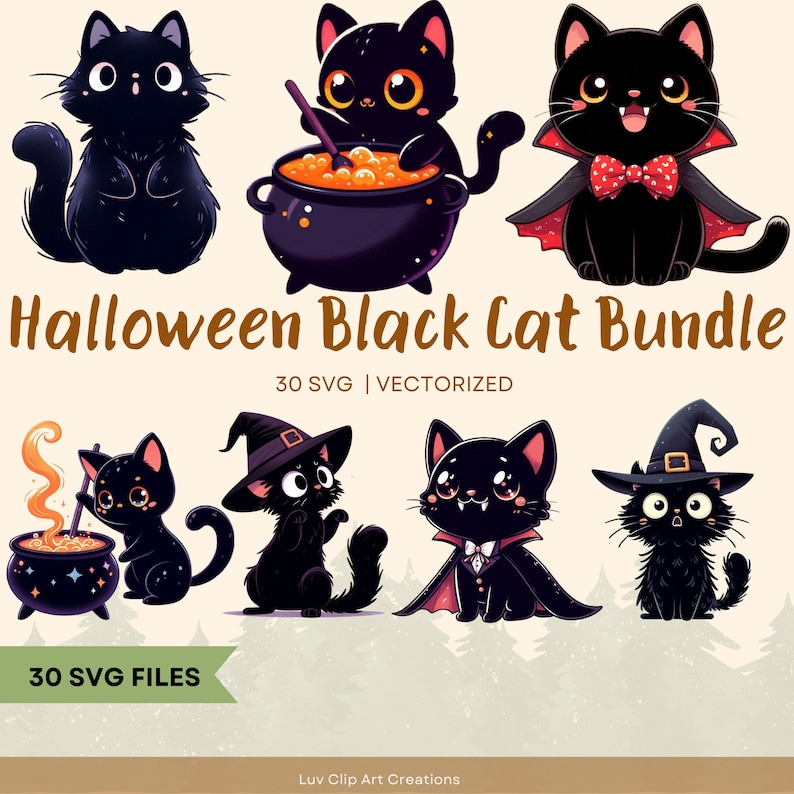 30 Black Cat Halloween Bundle SVG, Halloween Cat Witch Svg, Cat Clipart ...