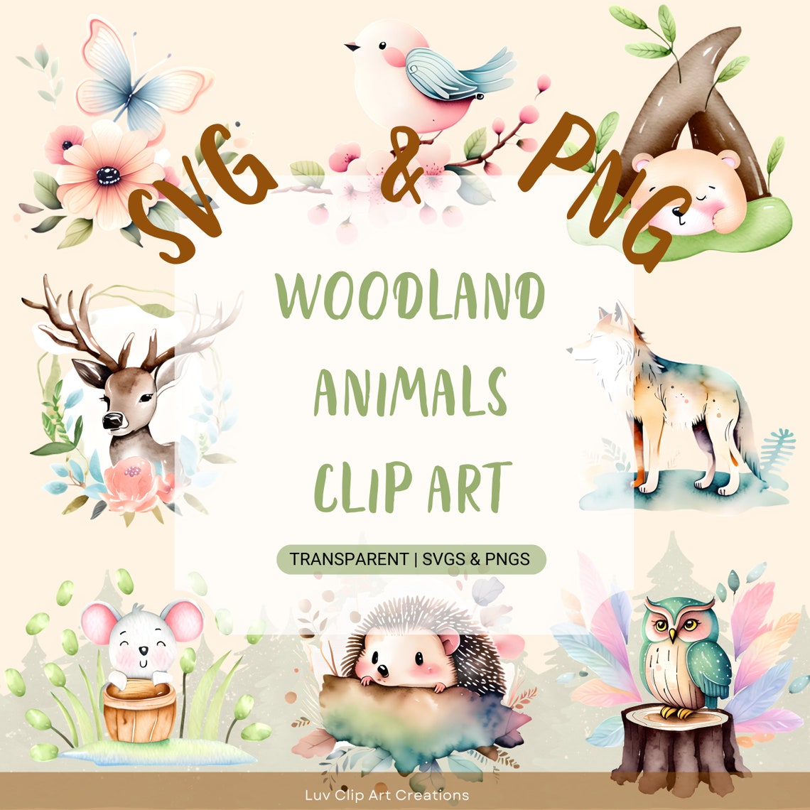 Woodland Animals Clip Art Bundle SVG&PNG, Boho Baby Clipart, Wolf Svg ...