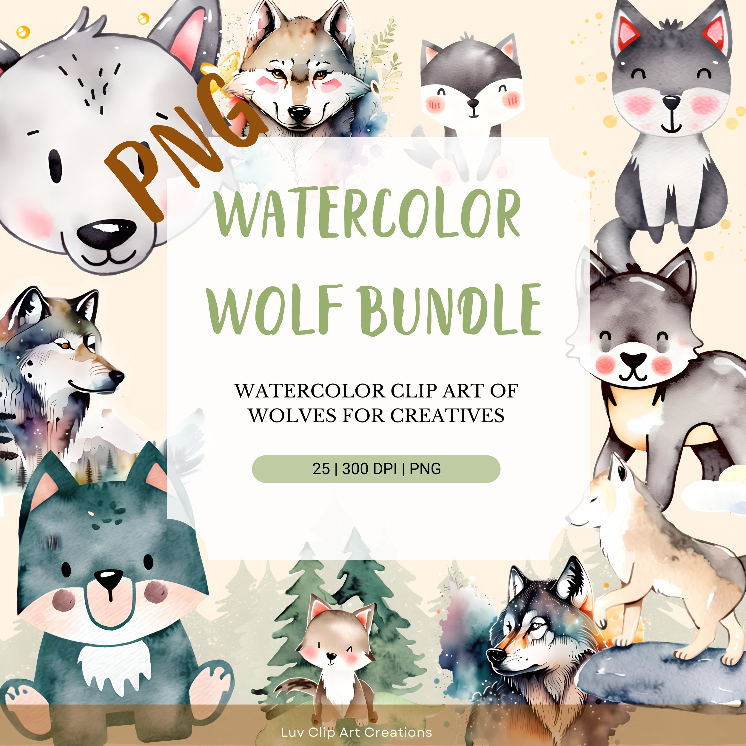 Wolves Watercolor Clipart Bundle - 25 PNG Bundle, Wolf Head, Standing ...