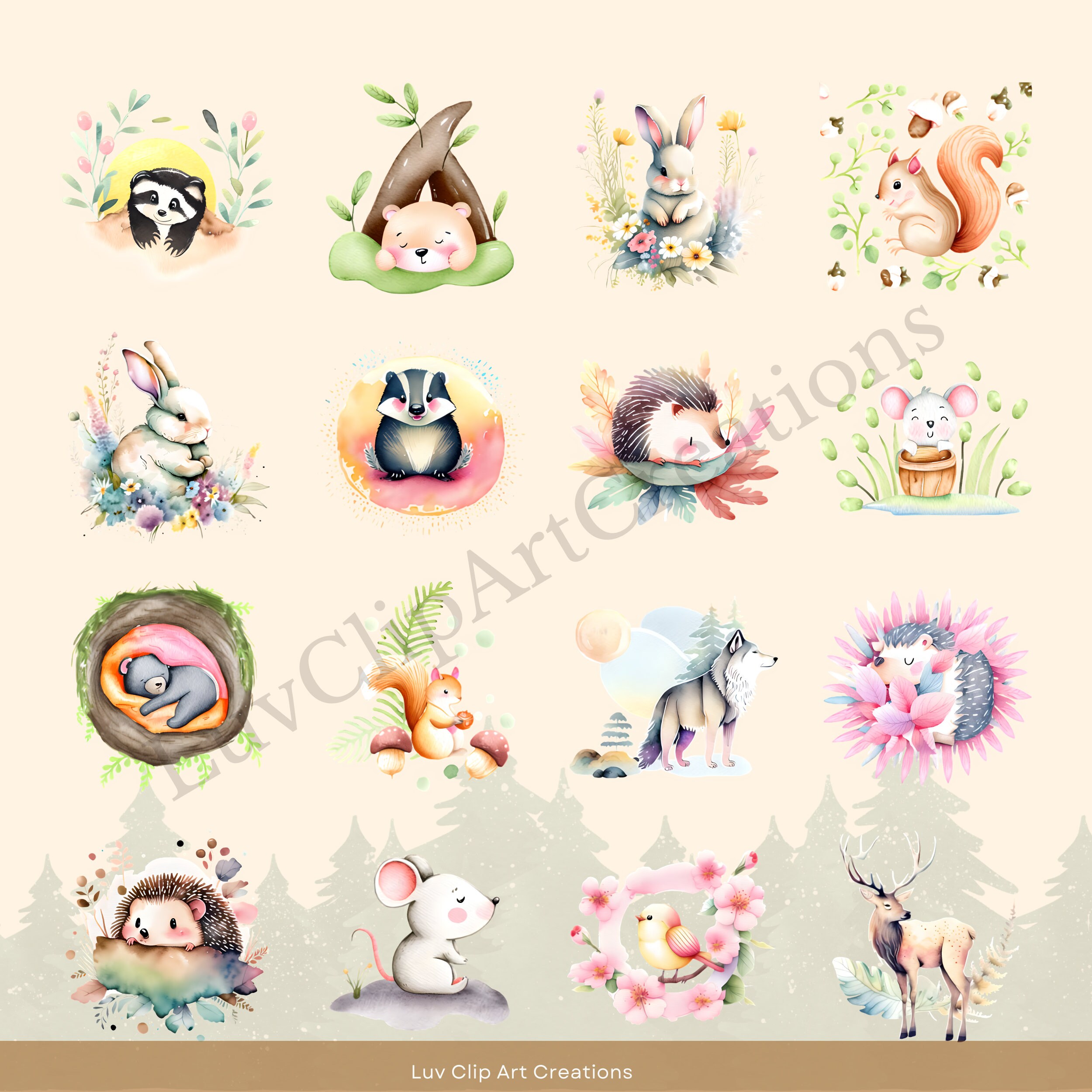 Woodland Animals Clip Art Bundle PNG, Boho Baby Clipart, Wolf Svg, Wolf ...