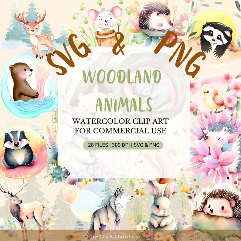 Woodland Animals Clip Art Bundle SVG&PNG, Boho Baby Clipart, Wolf Svg ...