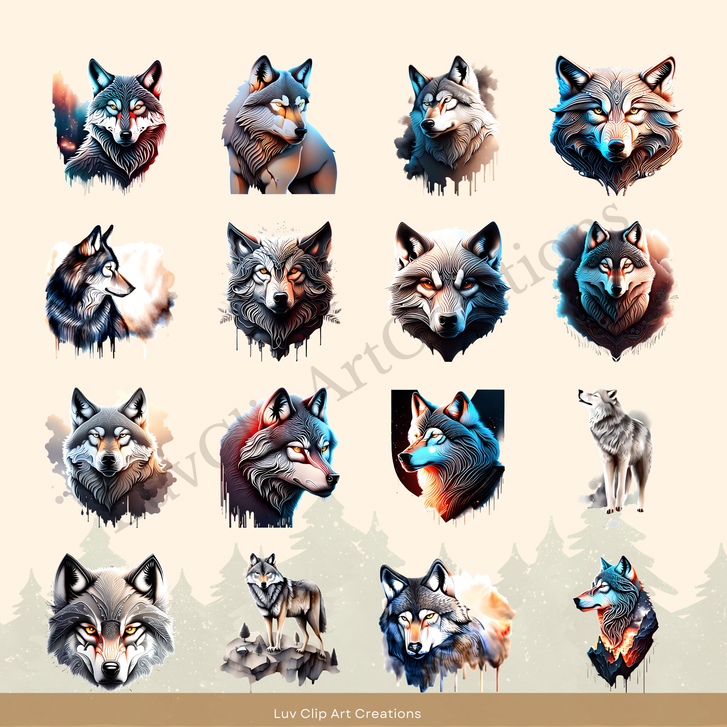 Wolf Clip Art, 3D Wolf PNG Bundle, Wolf Face,wolf PNG Files,wolf Head ...