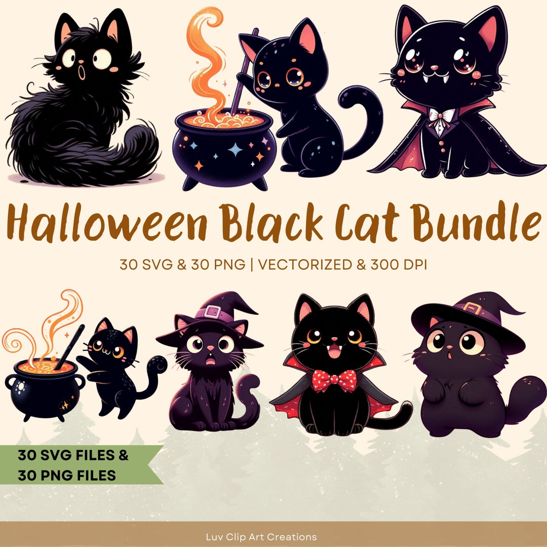 30 Black Cat Halloween Bundle SVG & Png,halloween Cat Witch Svg,cat ...
