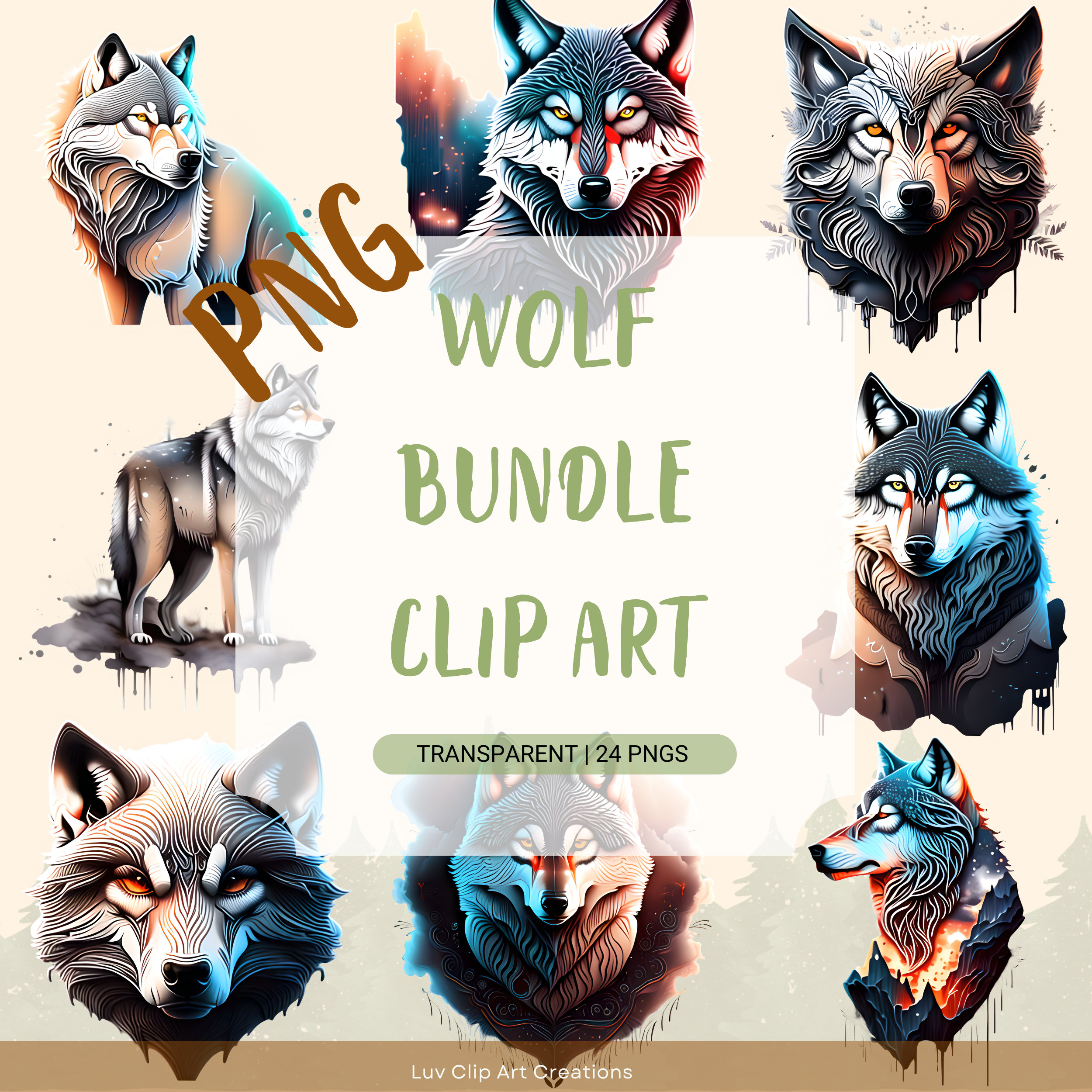 Wolf Clip Art, 3D Wolf PNG Bundle, Wolf Face,wolf PNG Files,wolf Head ...
