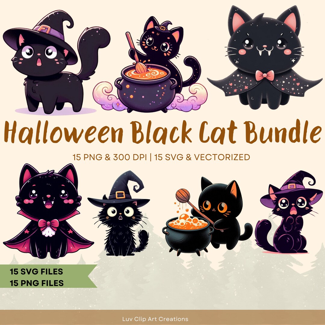 Halloween Black Cat Clipart Bundle, Witchy SVG PNG - Etsy