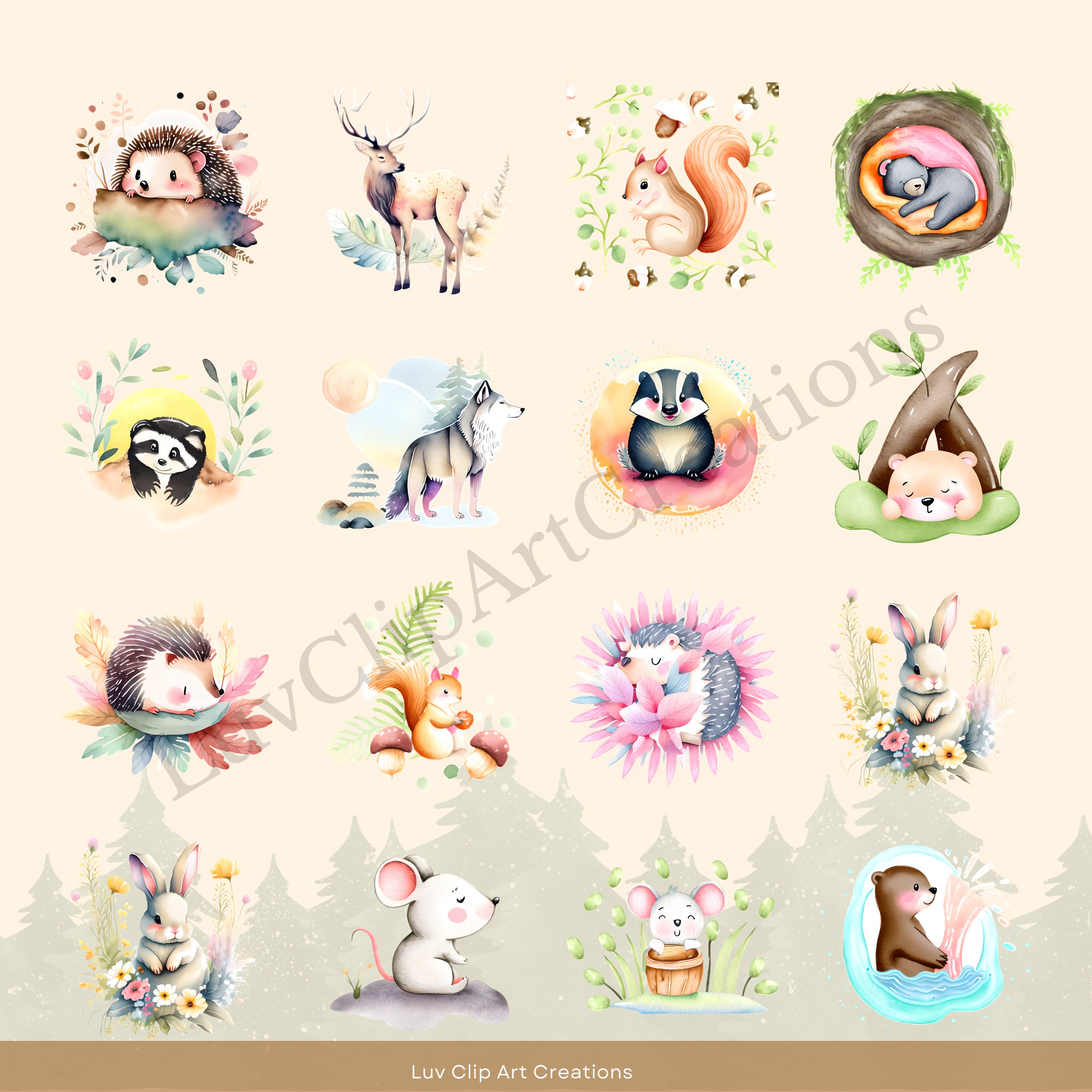 Woodland Animals Clip Art Bundle SVG, Boho Baby Clipart, Wolf Svg, Wolf ...