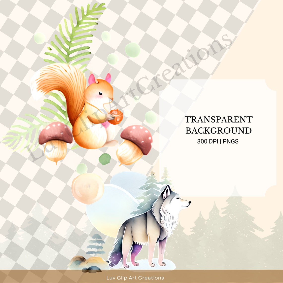 Woodland Animals Clip Art Bundle PNG, Boho Baby Clipart, Wolf Svg, Wolf ...