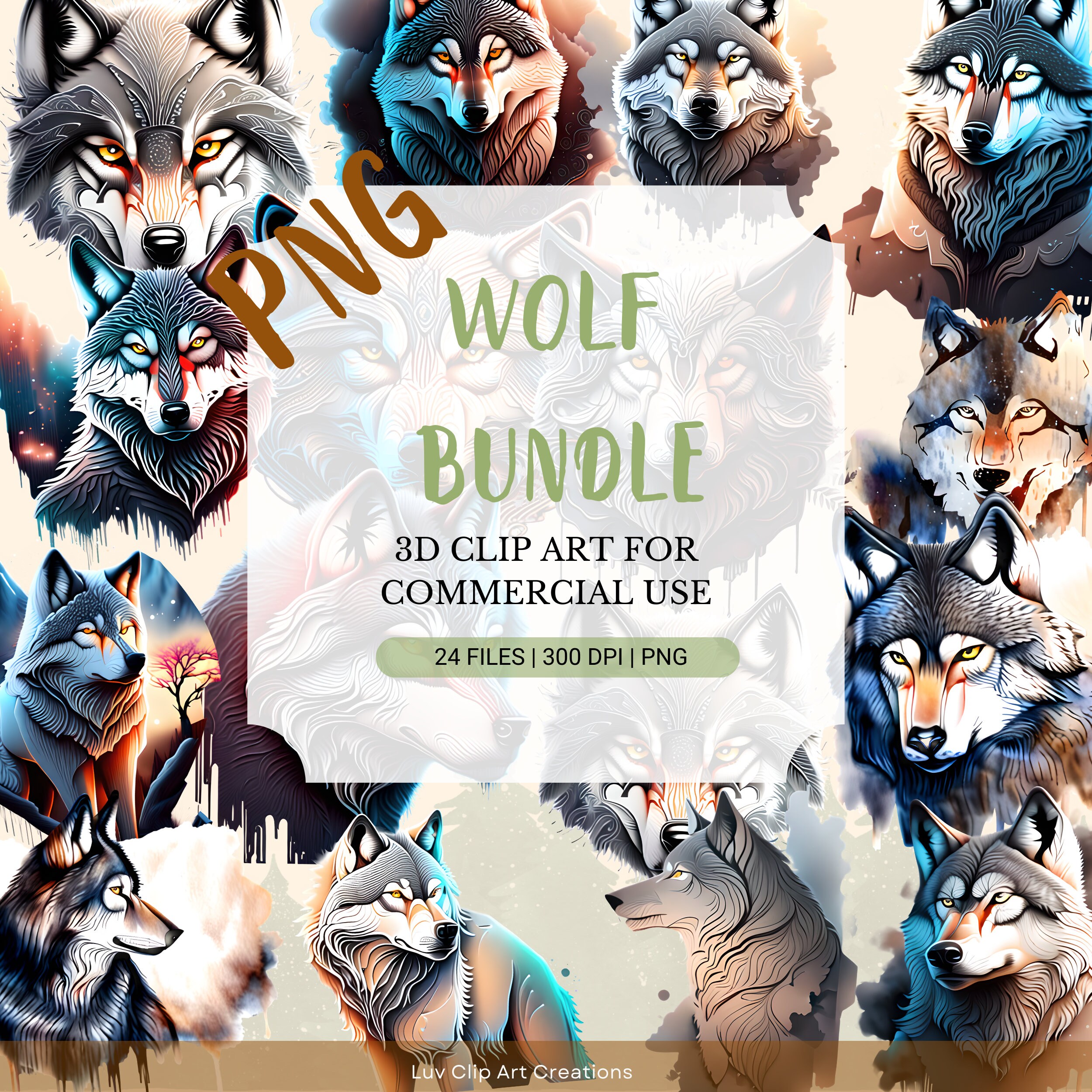 Wolf Clip Art, 3D Wolf PNG Bundle, Wolf Face,wolf PNG Files,wolf Head ...