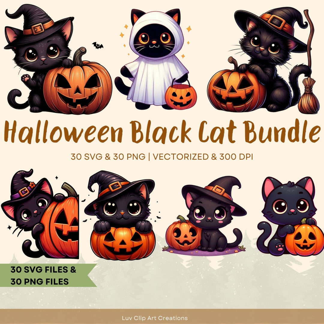 30 Black Cat Halloween Bundle SVG & PNG, Halloween Pumpkin Cat Svg, Cat ...