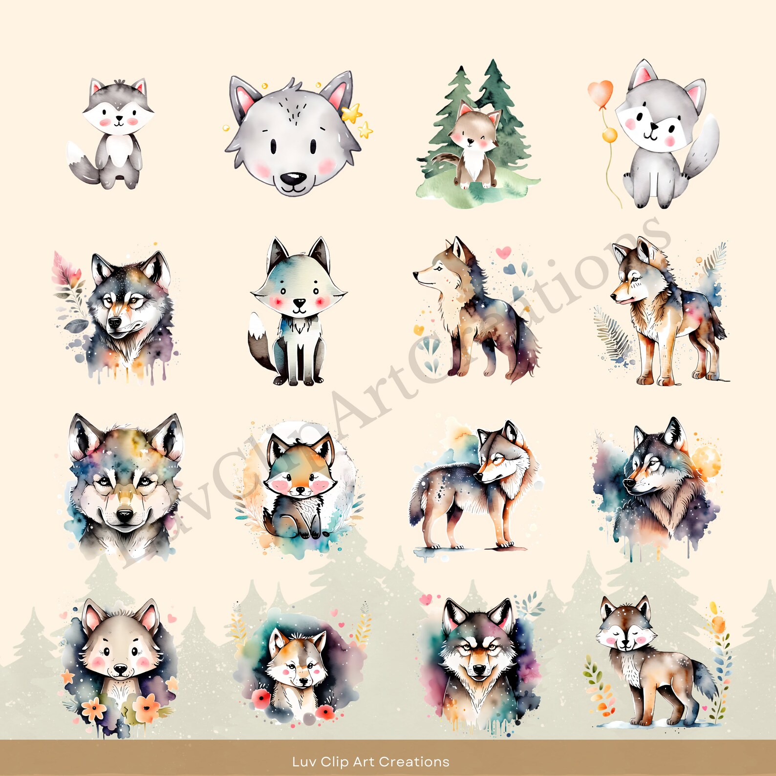 Wolves Watercolor Clipart Bundle - 25 PNG Bundle, Wolf Head, Standing ...