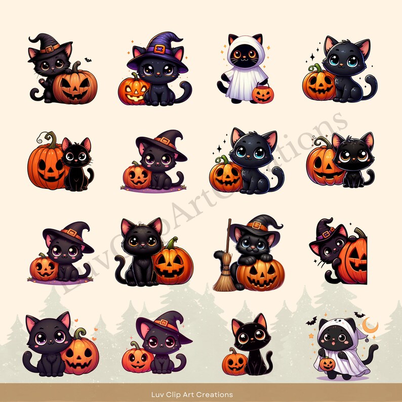 30 Spooky Black Cat Clip Art PNG Bundle, Halloween Kitten (digital ...