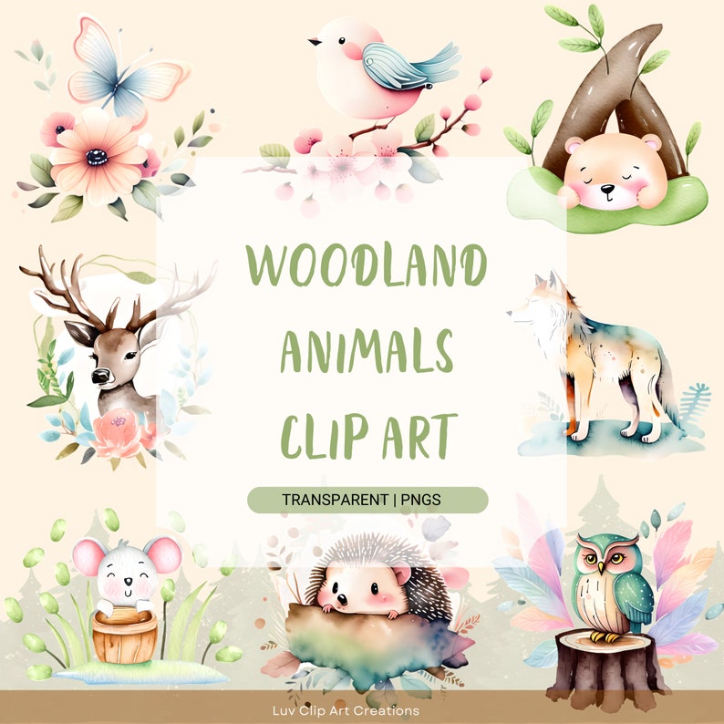 Woodland Animals Clip Art Bundle PNG, Boho Baby Clipart, Wolf Svg, Wolf ...