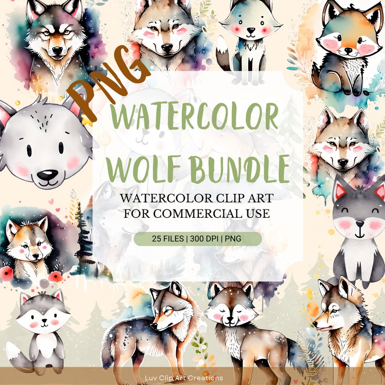 Wolves Watercolor Clipart Bundle - 25 PNG Bundle, Wolf Head, Standing ...