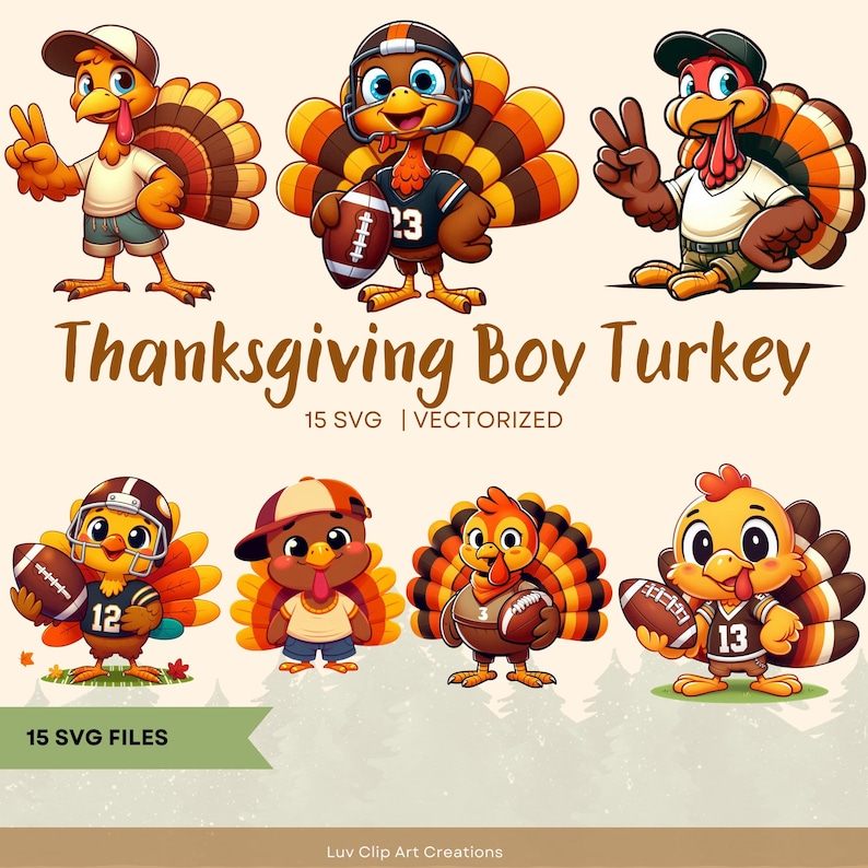 Thanksgiving Boy Turkey SVG Bundle, Football Turkey Designs (15 Files ...