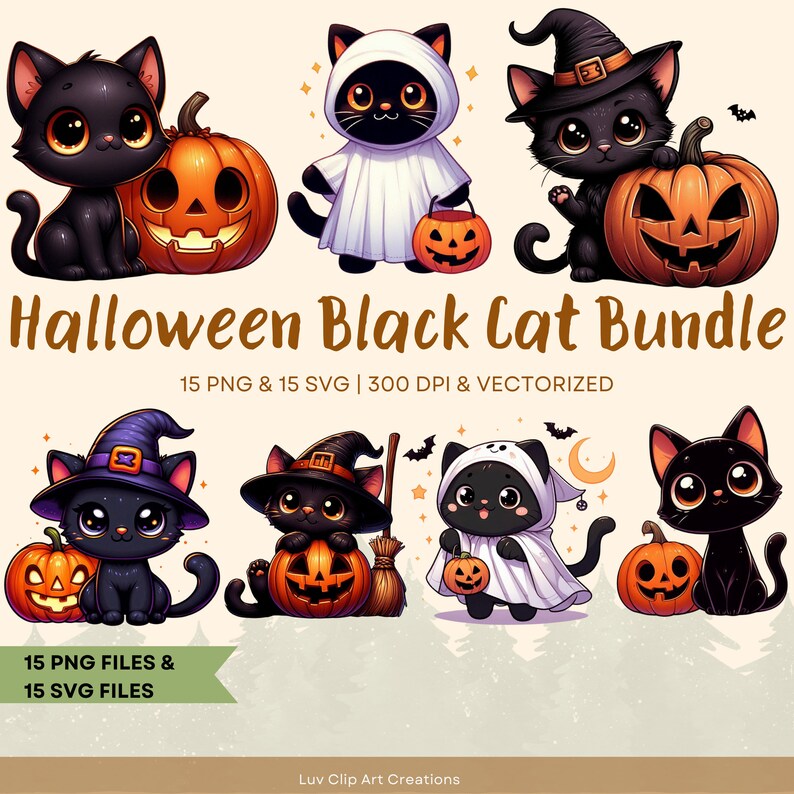 Halloween Black Cat Pumpkin Clipart Bundle (SVG & PNG) - Etsy
