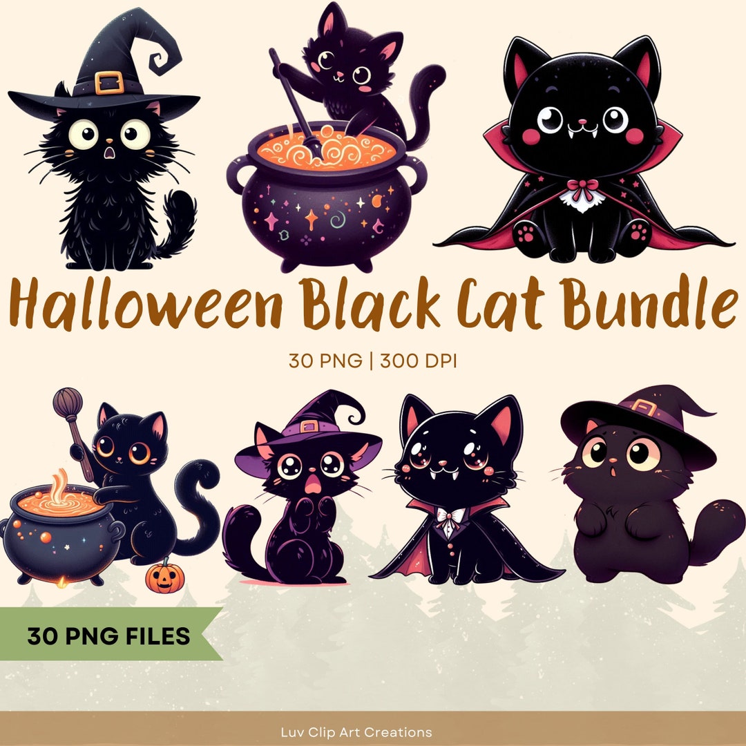 30 Black Cat Halloween Bundle PNG, Halloween Cat Witch Png, Cat Clipart ...