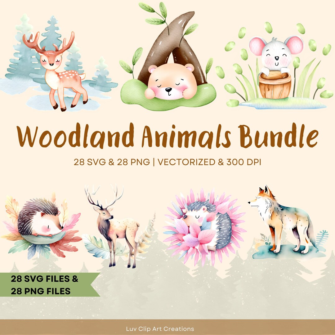 28 Woodland Animals Clip Art Bundle SVG&PNG, Boho Baby Clipart, Wolf ...