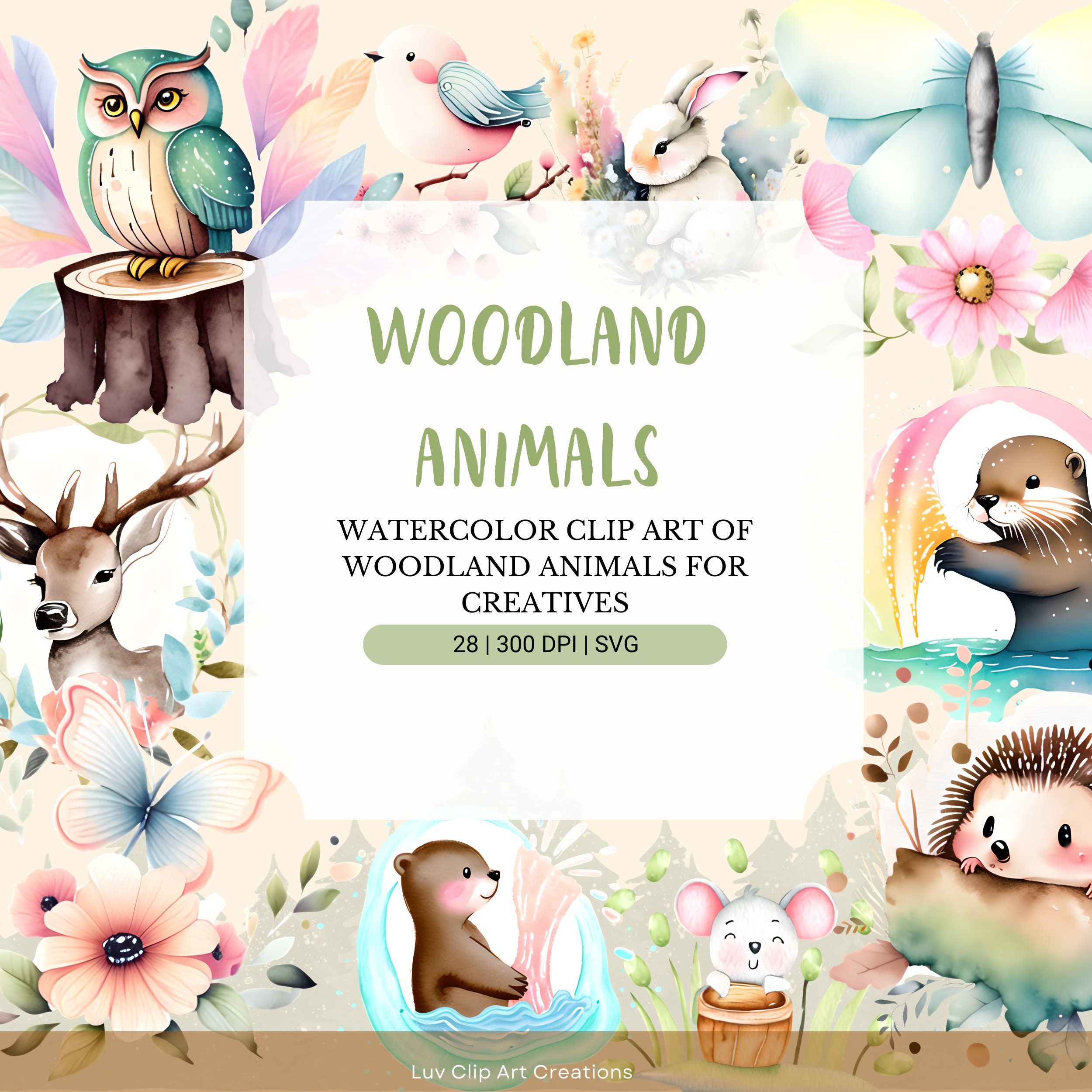 Woodland Animals Clip Art Bundle SVG, Boho Baby Clipart, Wolf Svg, Wolf ...