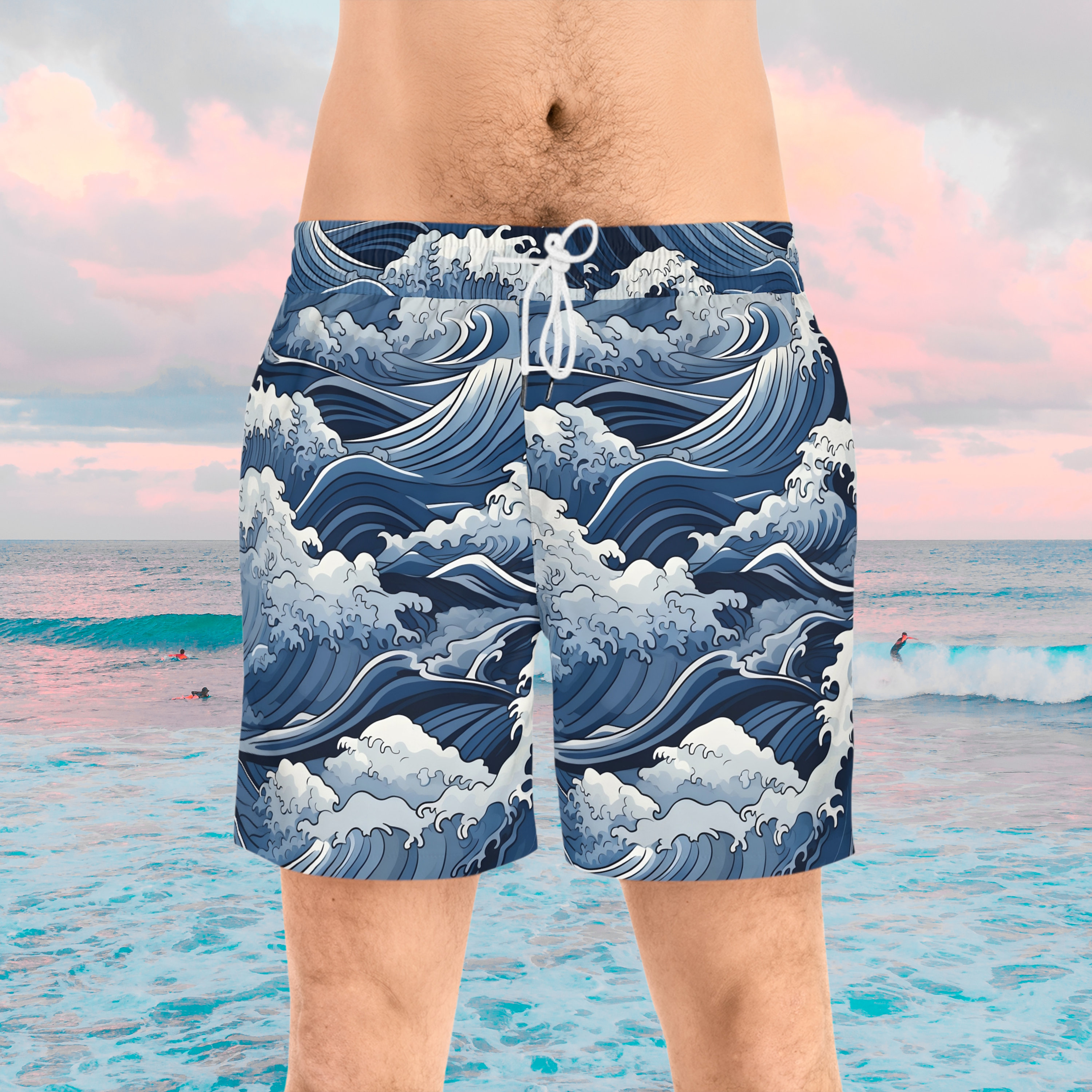 Hot Blue Tsunami Wave Japanese Style Art Men's Mid-length Swim Shorts ...