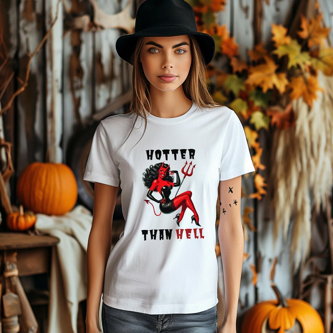 She Devil hotter Than Hell Pin up Girl Women's Halloween Slim Fit Cotton T-shirt - Etsy