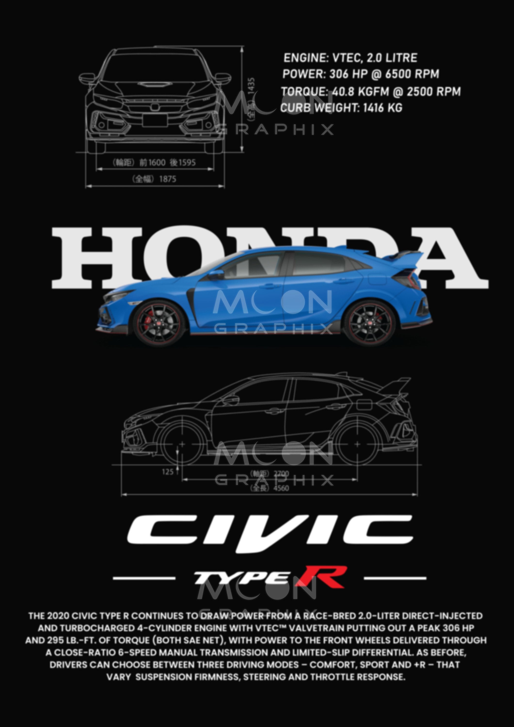 Honda Civic Type R T-shirt Illustration Design 1 Pack Printing Craft ...