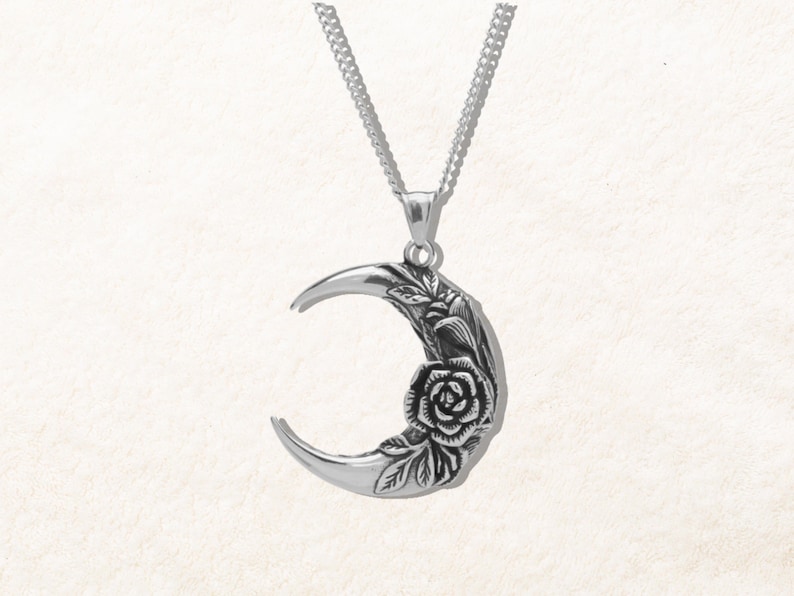 Crescent Moon Rose Flower Necklace – Dainty Floral Half Moon Pendant ...