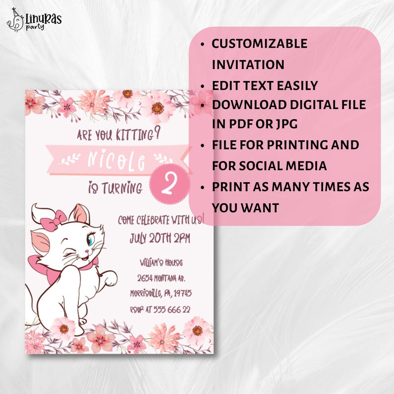 Birthday Card Girl Party Invitation Editable Marie Cat Aristocats ...