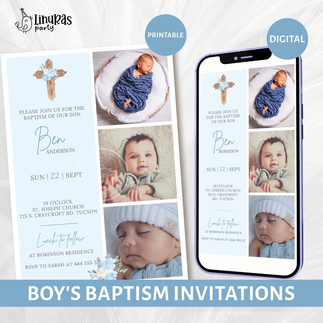 Boy Baptism Invitation Floral Cross Baptism for Boy Blue Baptism Invite ...