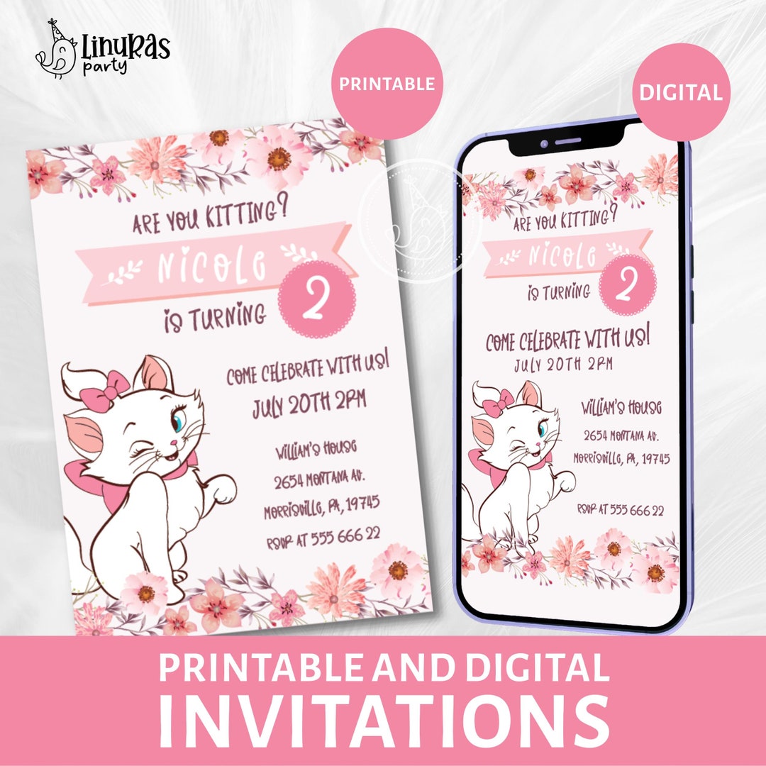 Birthday Card Girl Party Invitation Editable Marie Cat Aristocats ...