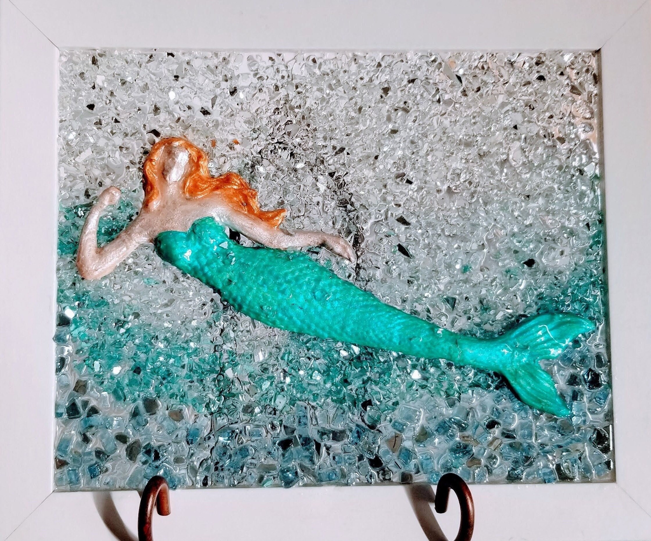 Mermaid Art Resin Coastal Wall Hanging Sea Glass Beach Wall Art Crushed Glass Seashells And