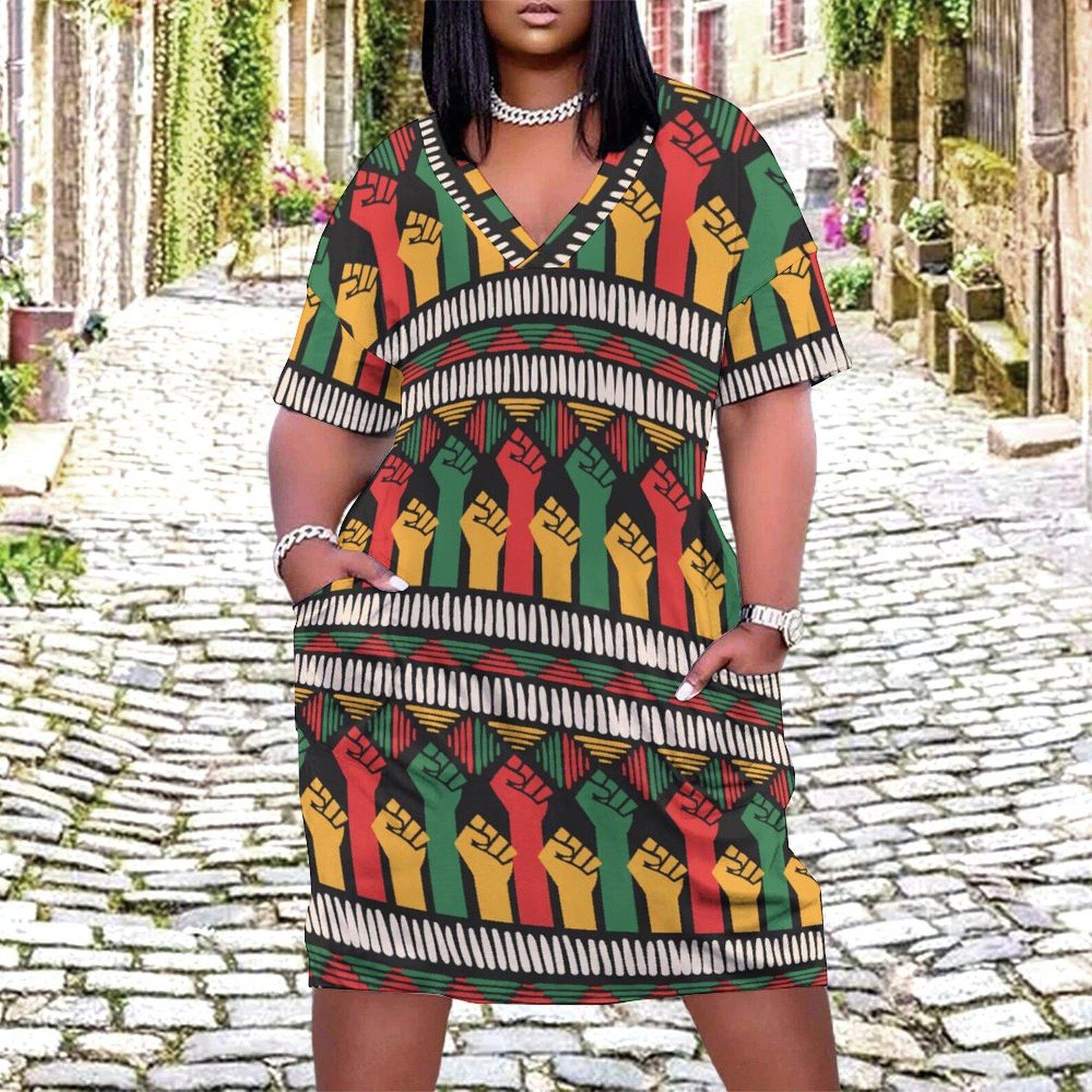 Juneteenth No. 4 Celebration Dress | Red Black Green Gold Print | V-neck Pocket Dress | Plus ...