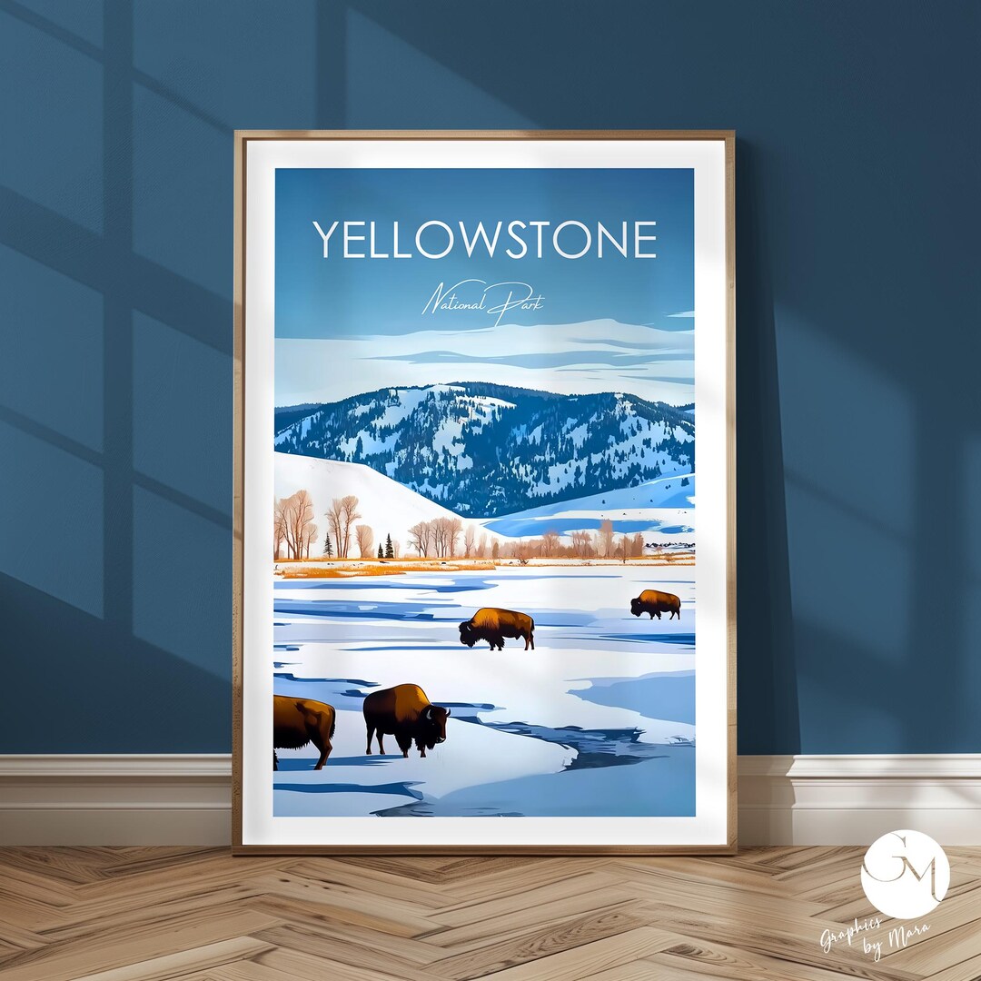 Yellowstone National Park Poster USA – Bison Herd in the Snow | Winter ...