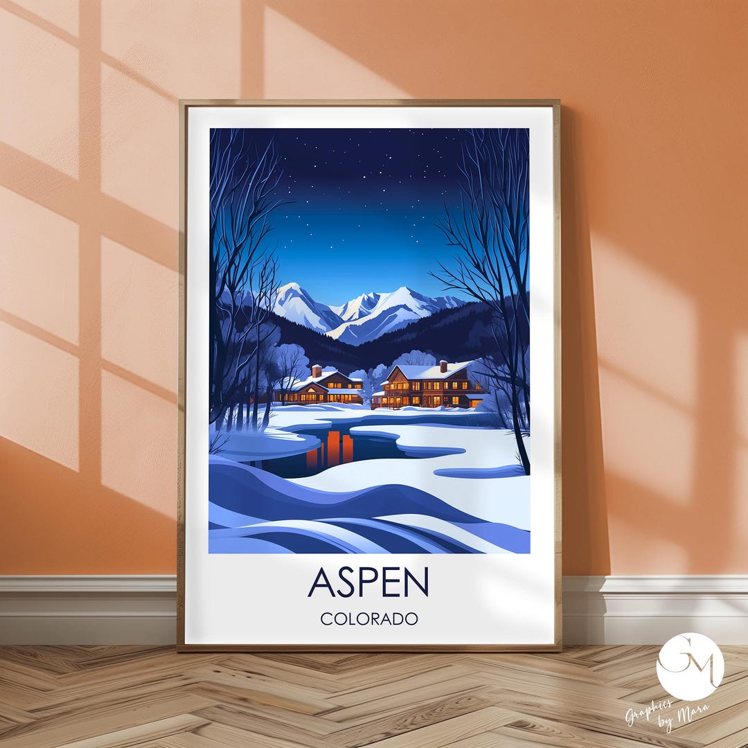 Winter in Aspen Poster, Colorado – Illuminated Lodge in Snow With ...