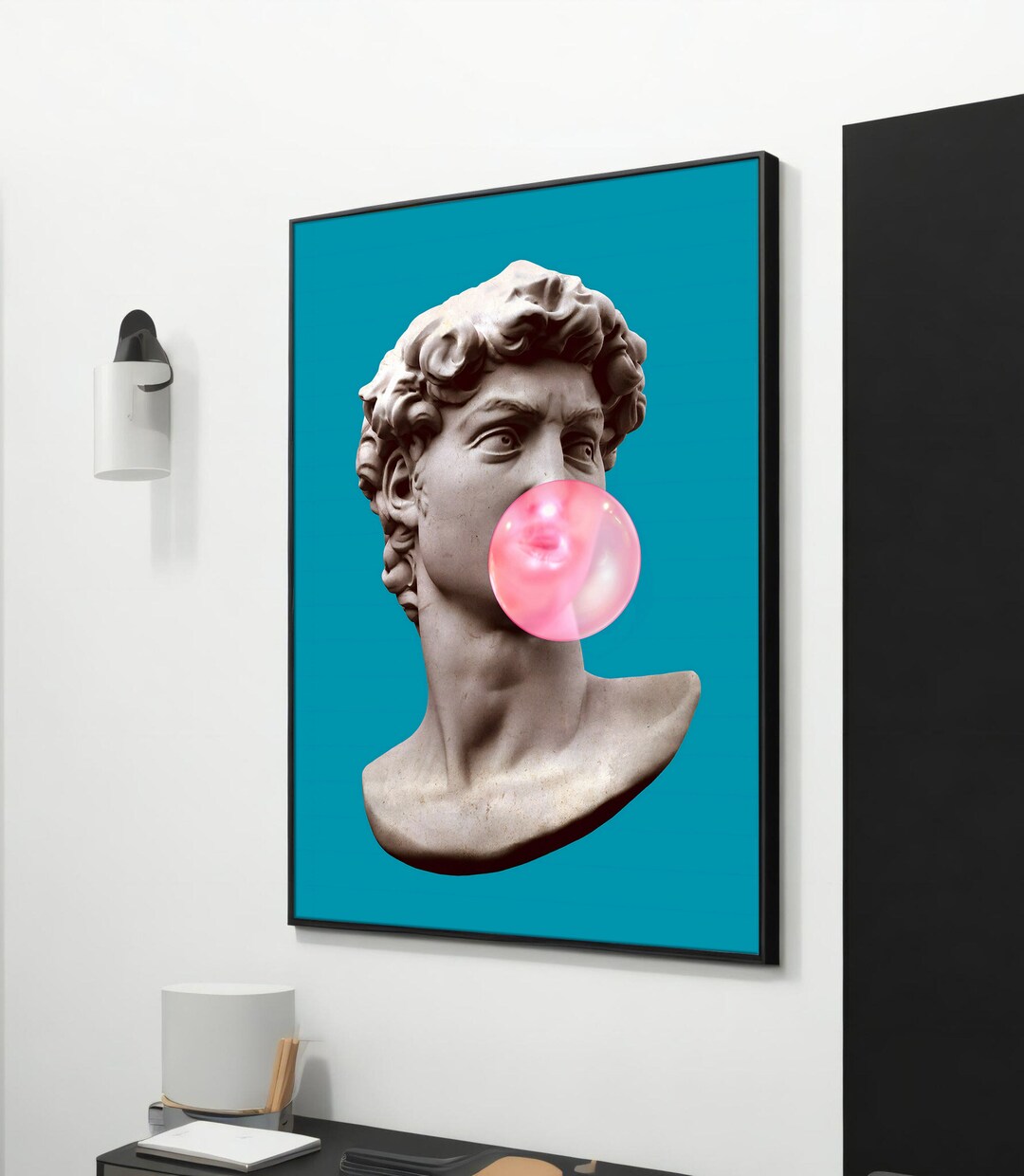 Playful Statue With Bubble Gum Art Canvas Print, Modern Pop Art Decor ...