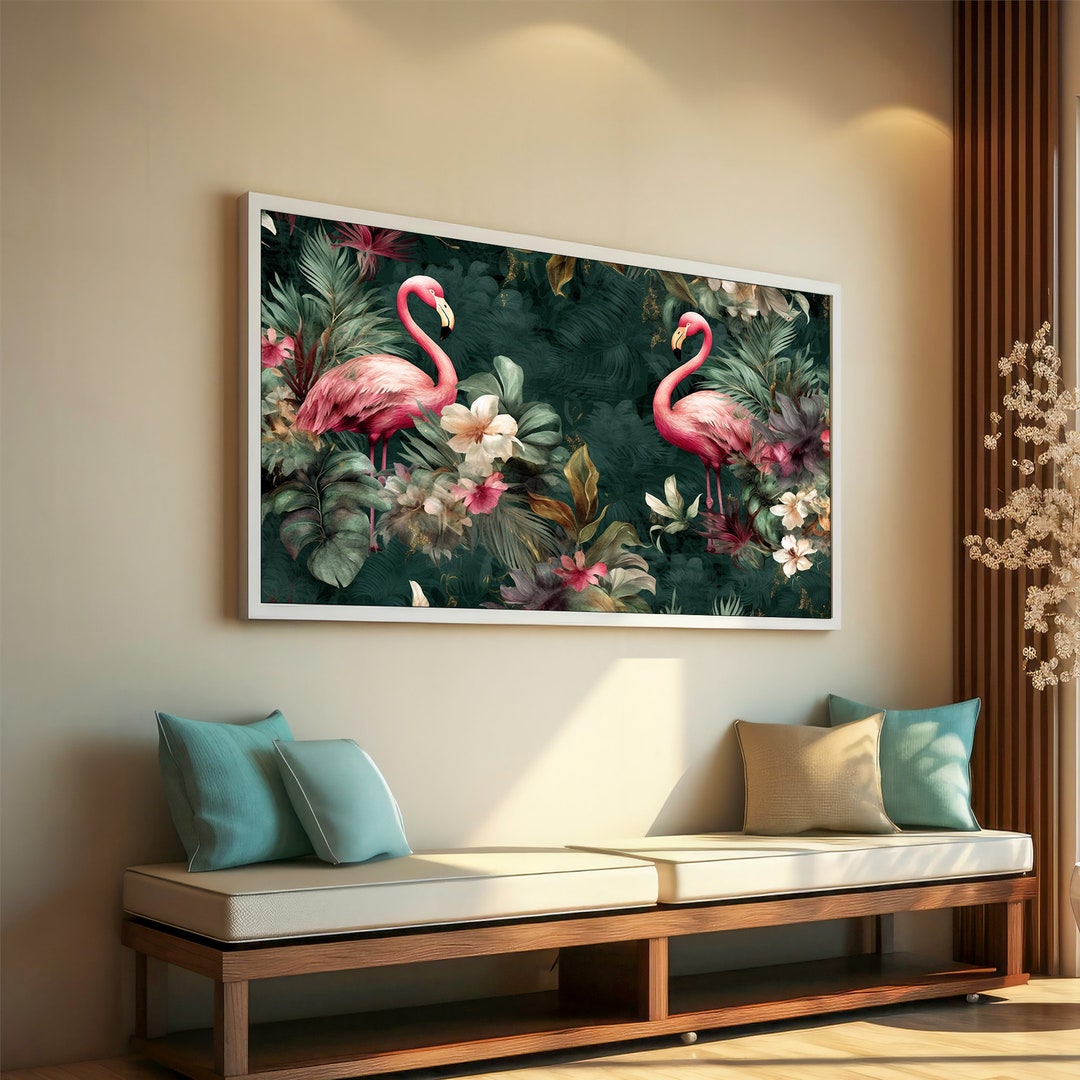 Tropical Flamingos Canvas Painting, Vibrant Bird Art, Floral Jungle ...
