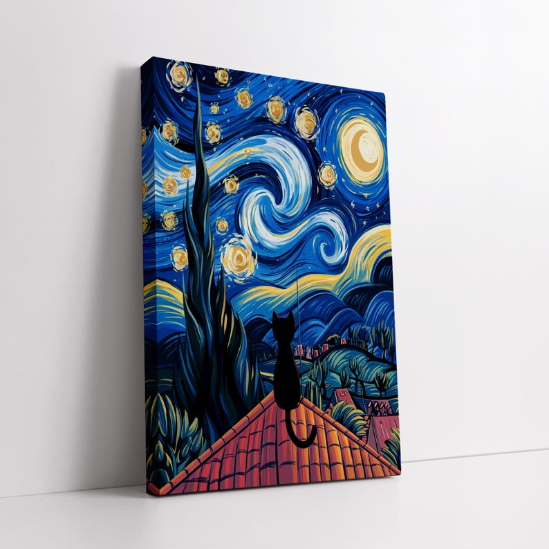 Starry Night Cat Canvas Painting Gift – Whimsical Night Sky Art for ...
